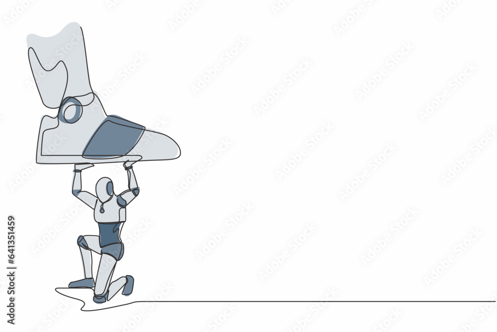 Continuous one line drawing robot under giant feet stomping. Violence ...