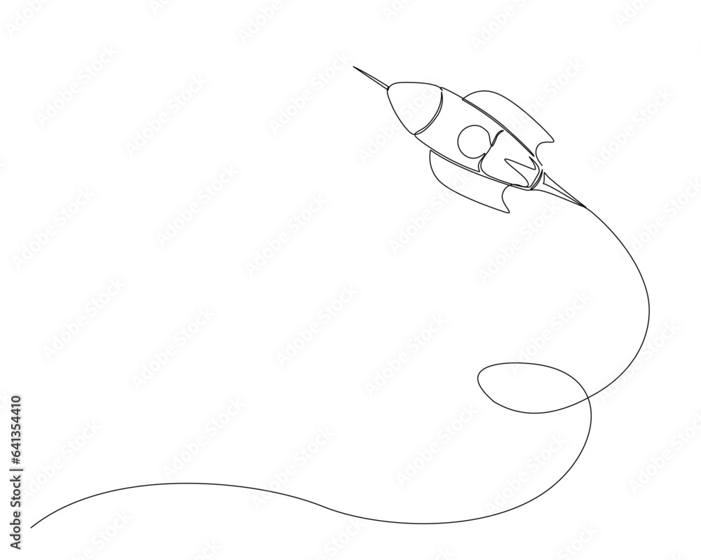 Flying rocket ship outline. Continuous one line drawing of rocket space ...