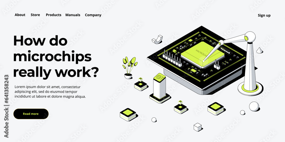 Microchip concept illustration in isometric vector design. Semiconductor or computer processor ...
