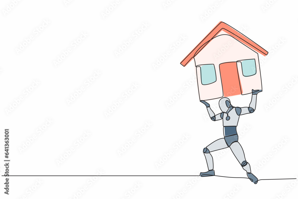 Continuous one line drawing tired robot carrying heavy house on his ...