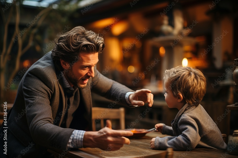 angry father yelling at his heartbroken preschooler son for acting out ...