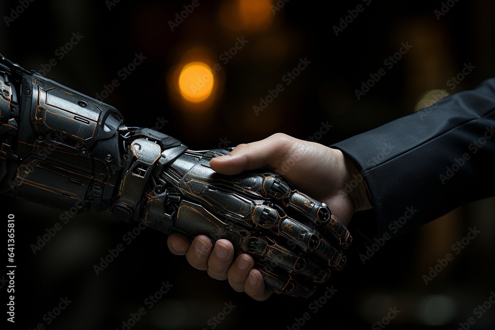 Man shaking hands with robot to demonstrate collaboration in business ...