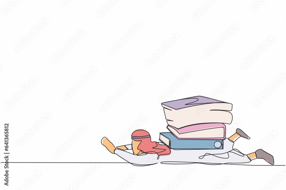 Continuous one line drawing Arab businessman under heavy pile paper ...