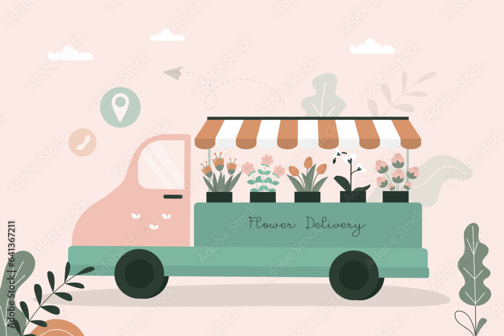 Flower delivery truck. Flowers shop mobile on wheels. Vintage pickup ...