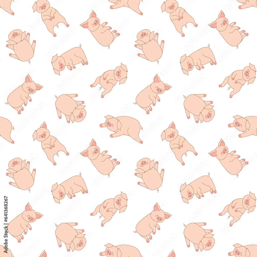 Wallpaper with sleeping pigs in different poses on white background. Vector seamless repeat ...