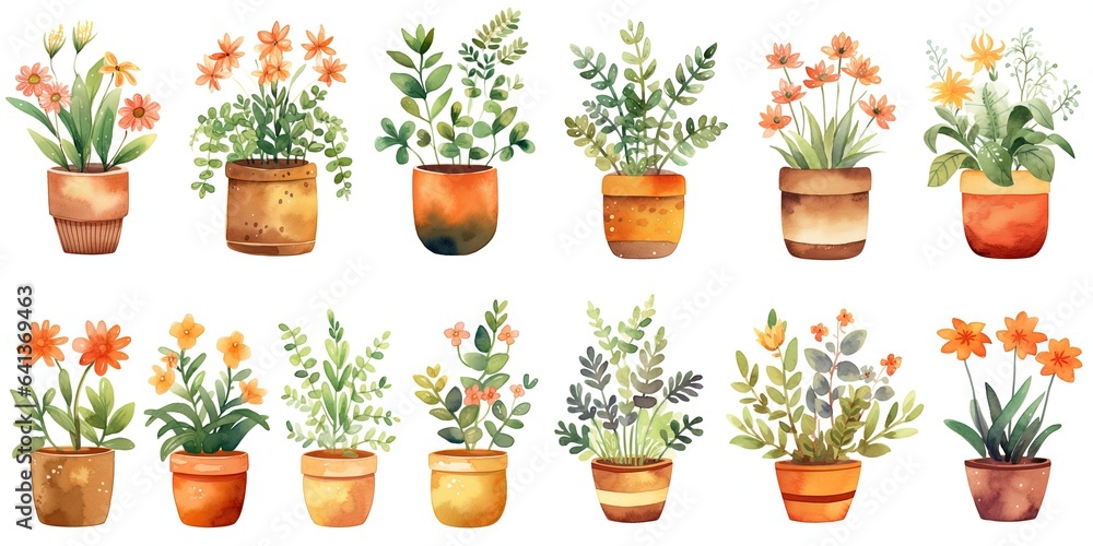 watercolor painting style illustration of cute boho flower pot plants ...