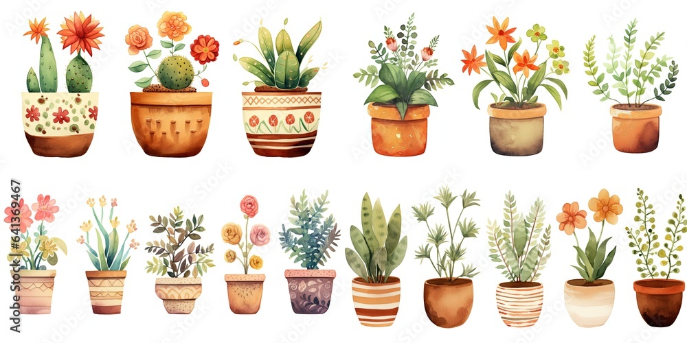 watercolor painting style illustration of cute boho flower pot plants ...