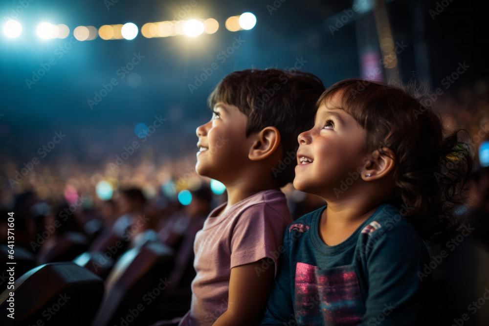 Side view of a children audience enjoying a kids concert or movie with ...
