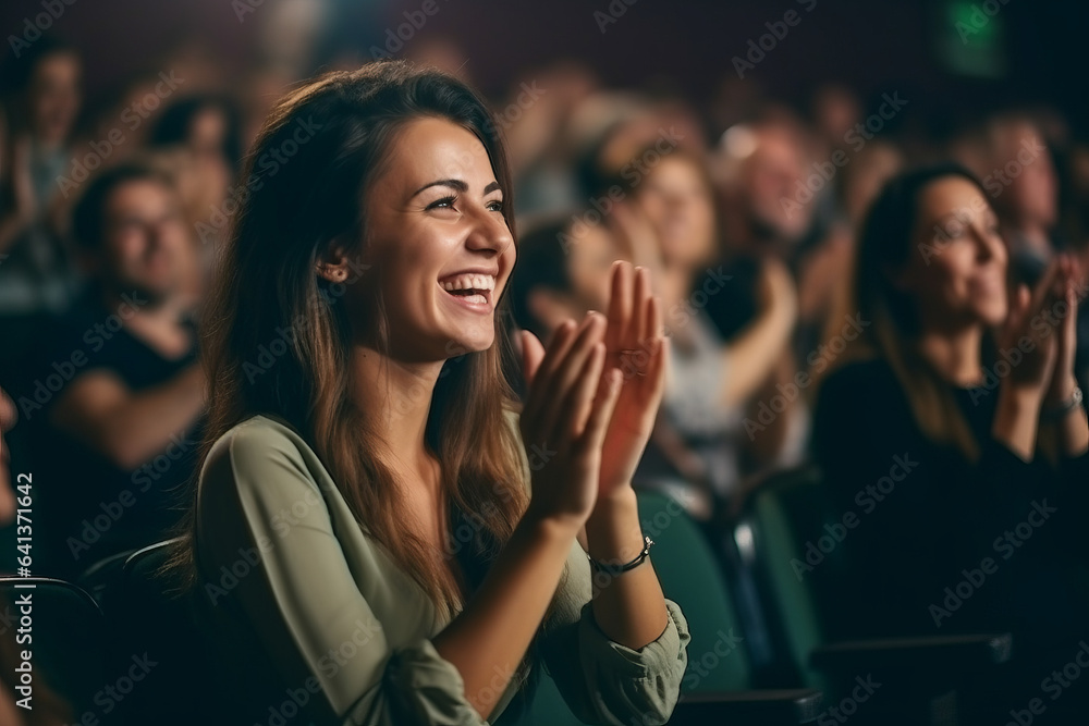 Woman in a audience in a theater applauding clapping hands. cheering and sitting together and ...