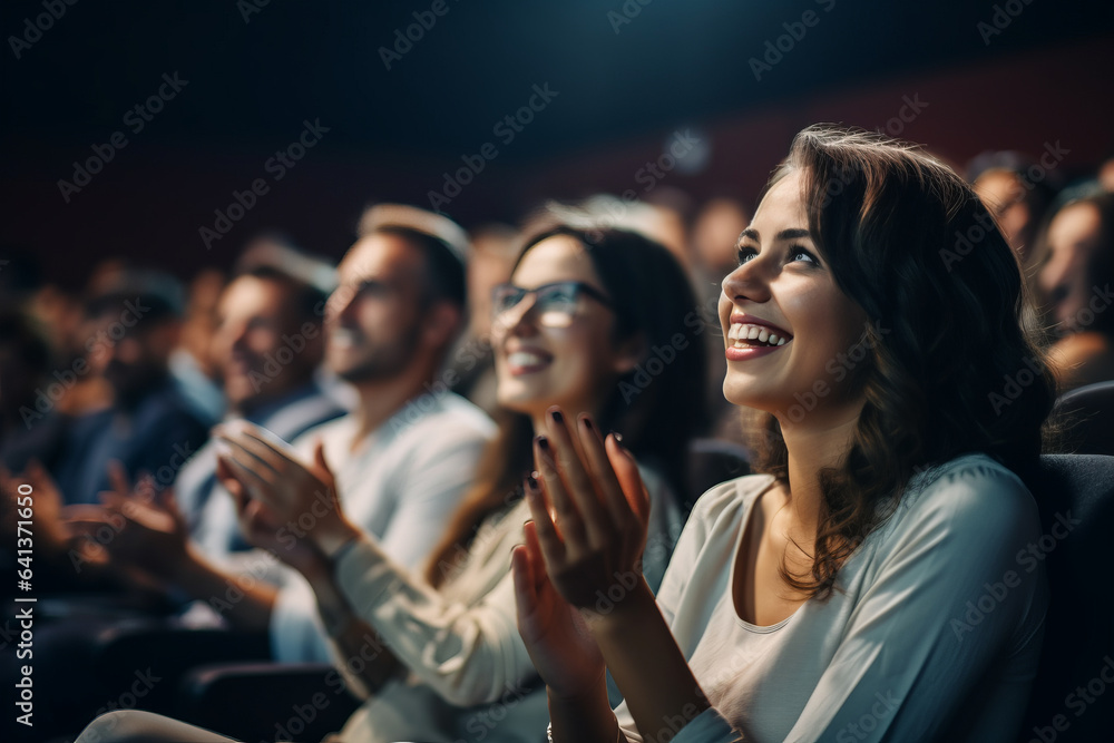 Woman in a audience in a theater applauding clapping hands. cheering and sitting together and ...