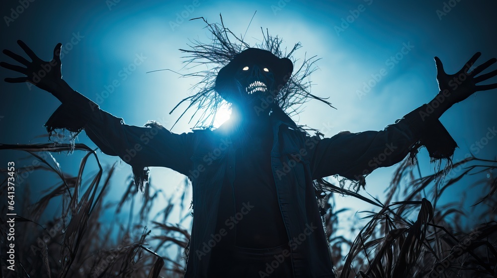 spooky silhouette of a scarecrow in a deserted field illuminated by a ...