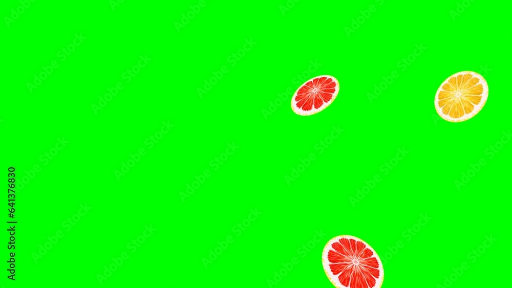 Orange and lemon fruit slices falling on green screen background, 2d ...