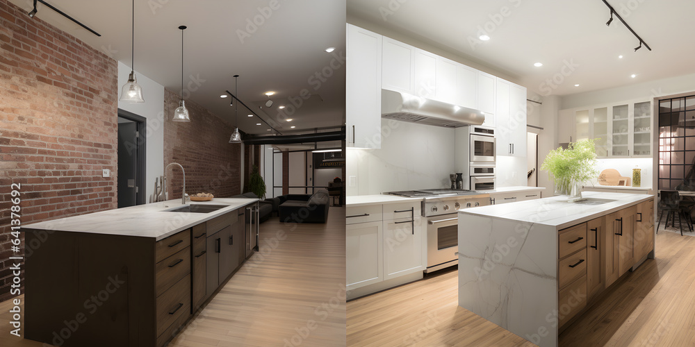 Split comparison view of old kitchen vs new renovated modern kitchen ...