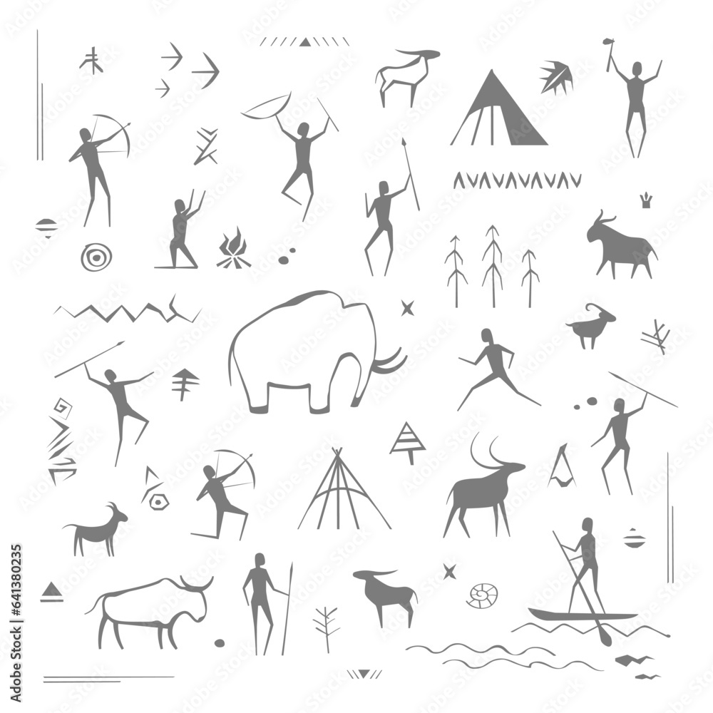 ancient rock painting. petroglyphs drawing sketch set, caveman ...