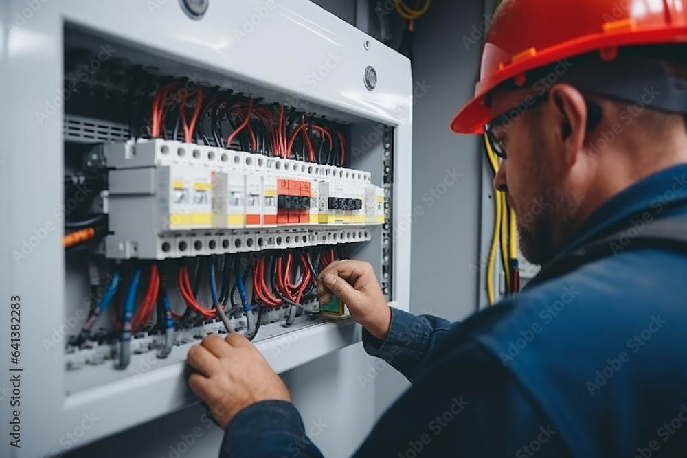 Electrician engineer tests electrical installations and wires on relay ...