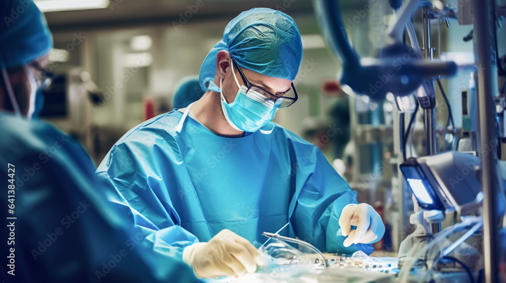 Surgeons in hospital operating room working surgical instruments ...