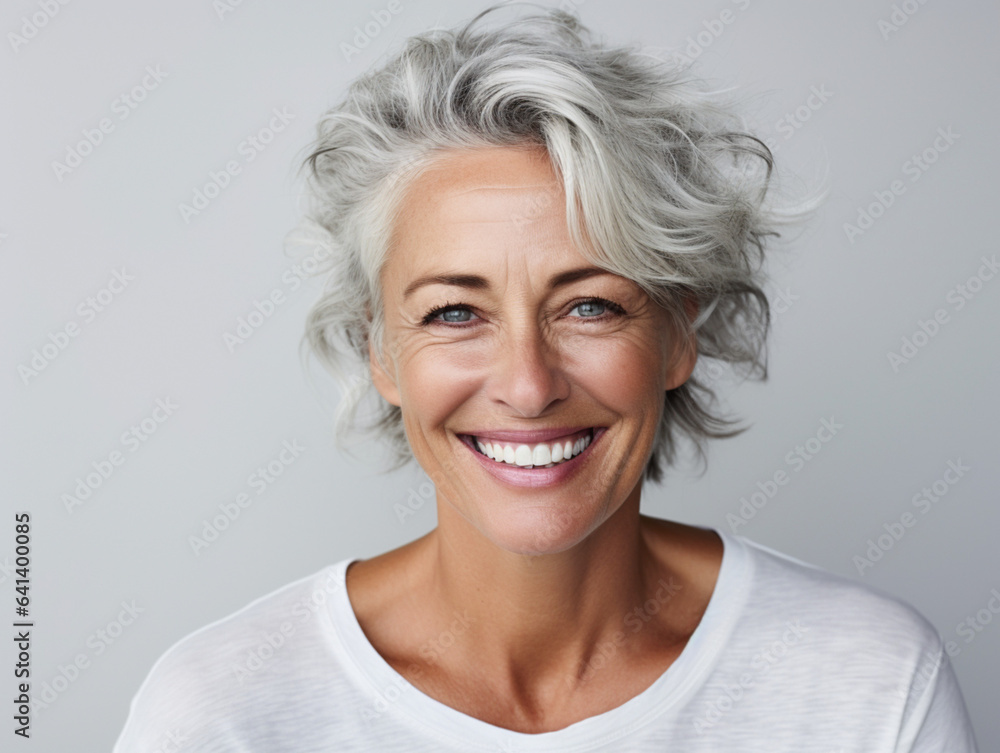 With a dignified smile, a beautiful senior woman in her 50s emanates ...