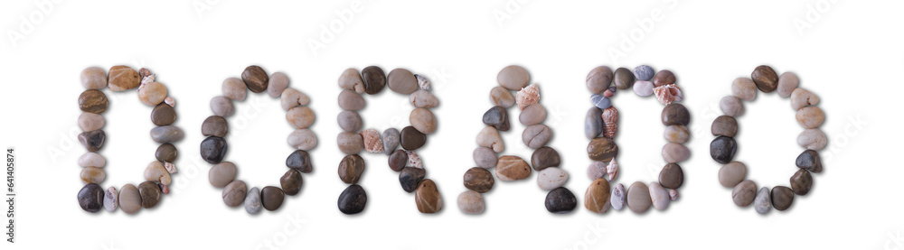 The word "DORADO" is lined with shells and stones of different shapes ...