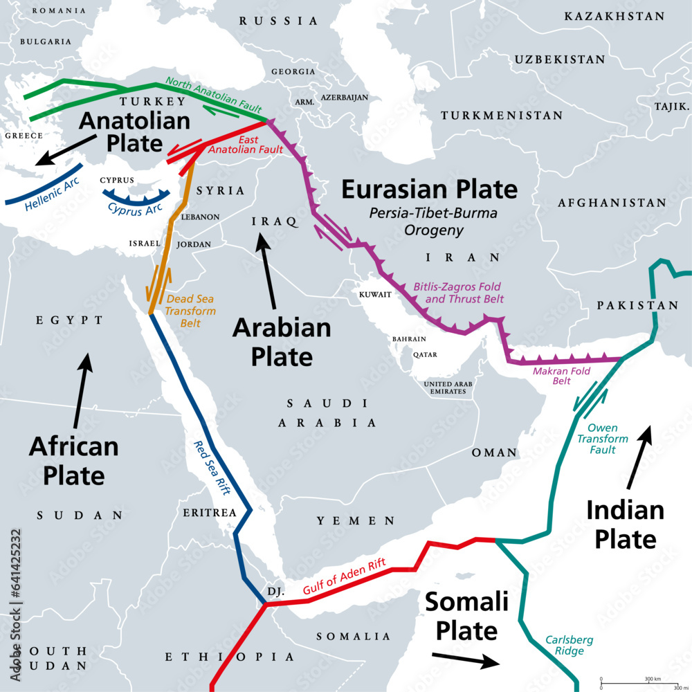 Arabian Plate, gray tectonic map. Minor tectonic plate, consisting ...