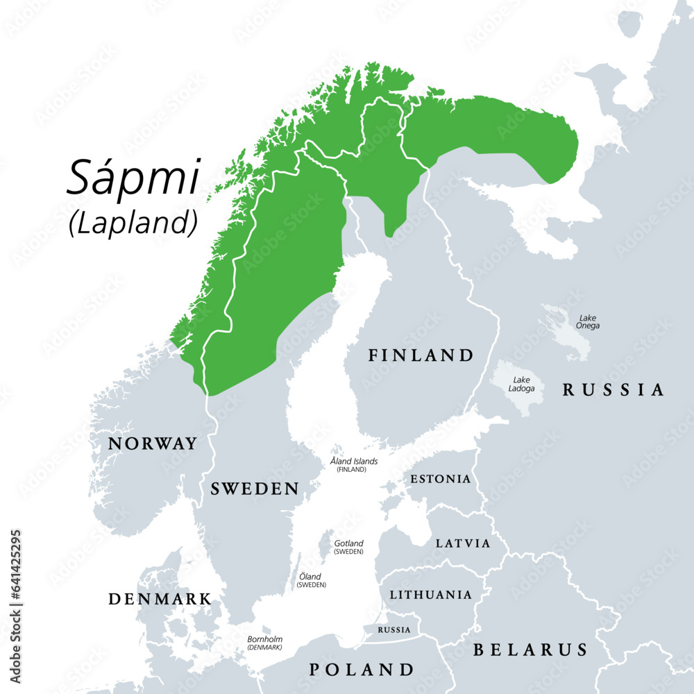 Sapmi, Lapland, gray political map. Cultural region in Northern and ...