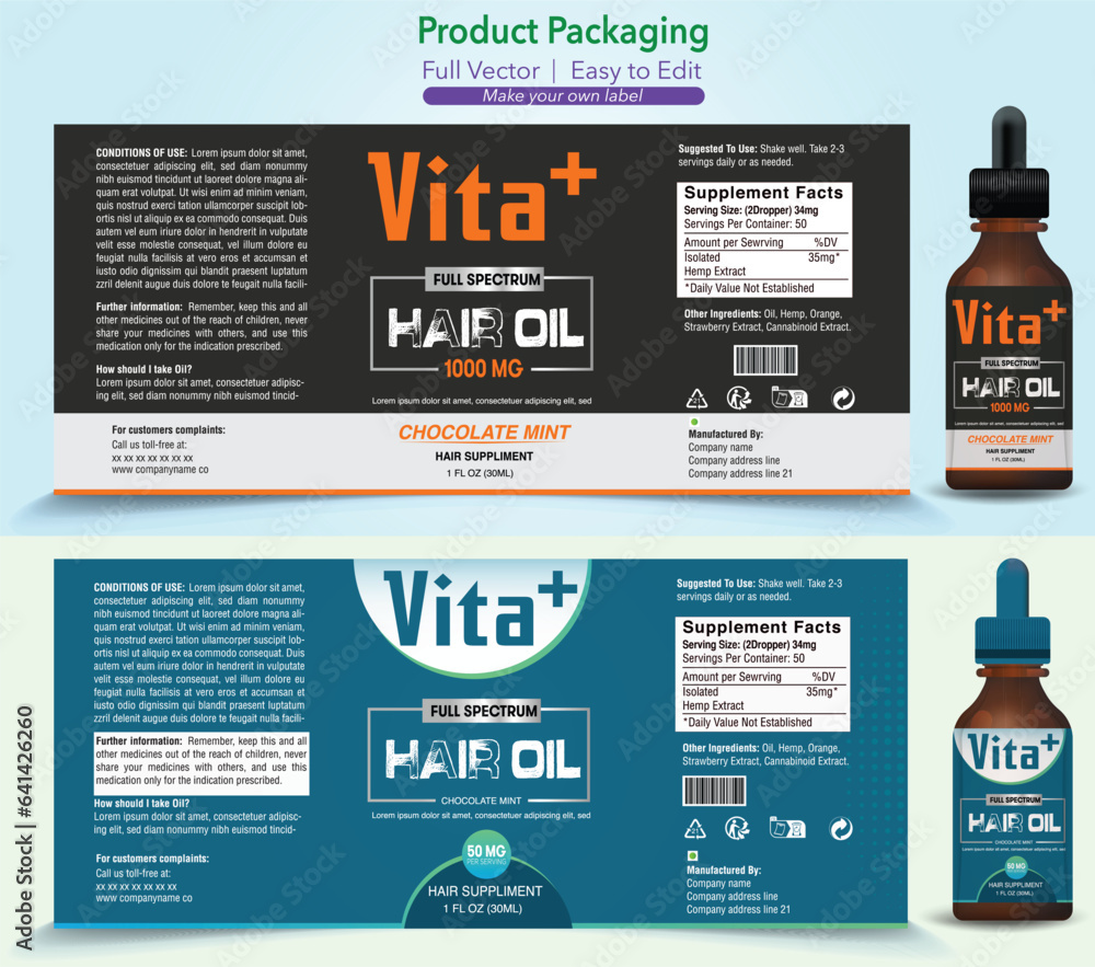 Hair oil Label, Hair Vitamin pack, Oil Supplement labels, Vector bottle ...