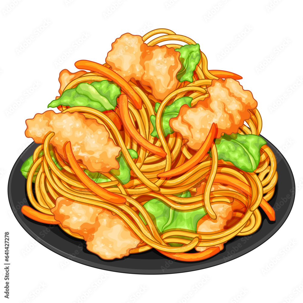 Yakisoba noodles with chicken illustration vector. Japanese yakisoba ...