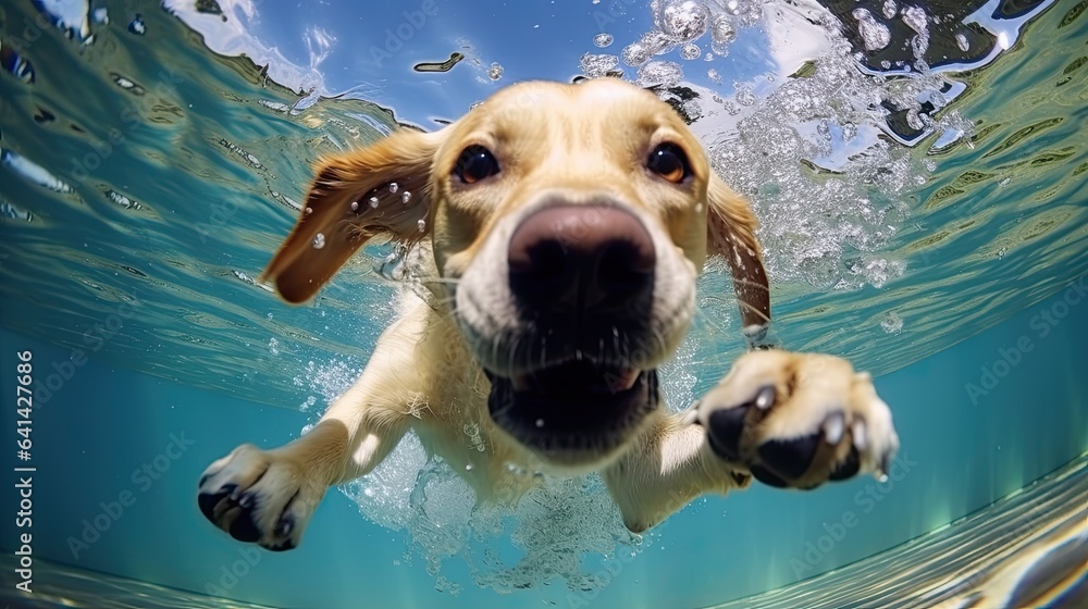Foto de Funny underwater picture of puppies in swimming pool playing ...