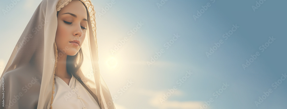 Woman in image Virgin Mary Mother of Jesus Christ in holy light ...