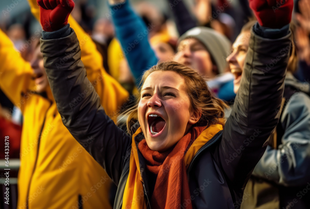 An enthusiastic female sports fan is fully immersed in the excitement ...