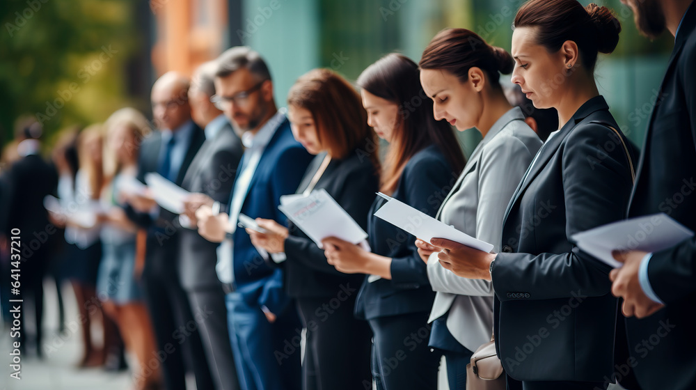 Job candidates standing in line, waiting for their turn to be ...