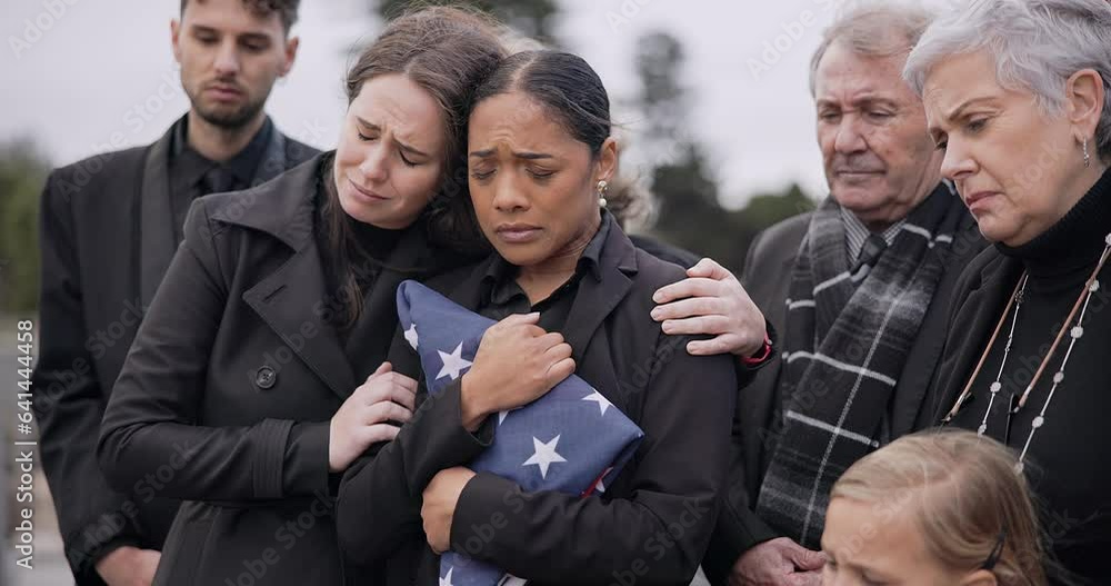 Sad, family and funeral with comfort, woman and support with compassion ...