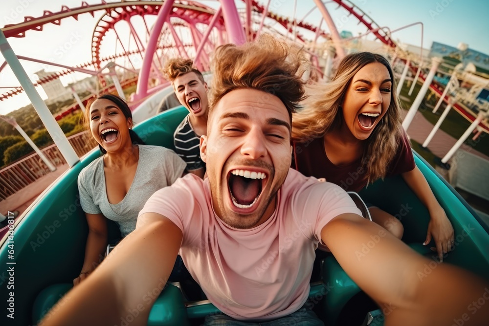 Friends riding roller coaster ride at amusement park. People having fun ...
