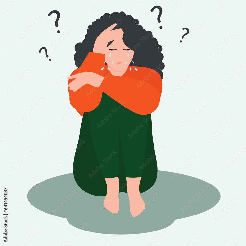 Depressed woman sits on the floor and sees no prospects. Sad girl is ...