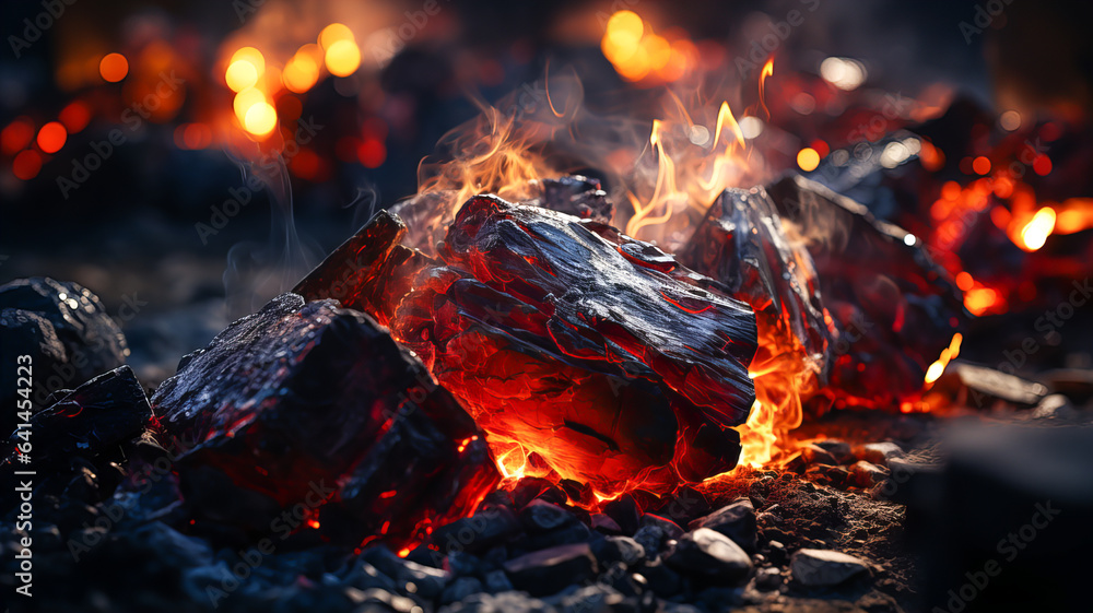 Hot coals, the process of smoldering and heat, with smoke and sparks ...