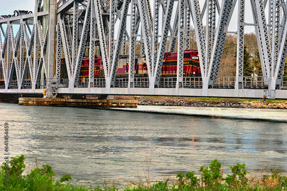 The vertical lift rail road bridge spanning the cape cod canal in the ...