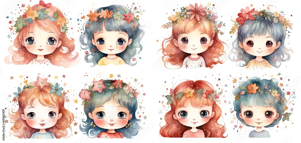 watercolor style illustration of cute red and blue hair girls ...
