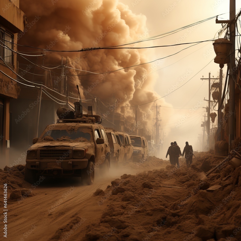 Sandstorm, sand is blown away by a strong wind. Concept: evacuation of ...
