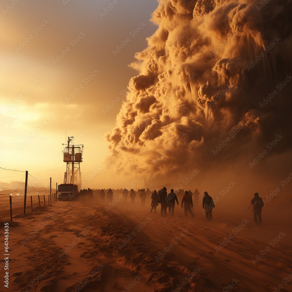 Sandstorm, sand is blown away by a strong wind. Concept: evacuation of ...