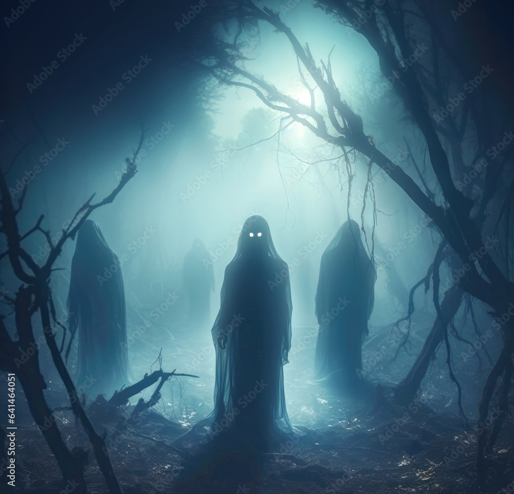 Ghostly figures floating amidst the mists of a cursed forest Stock ...