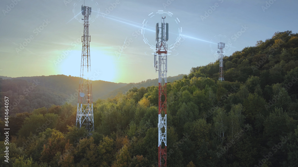 Aerial view of 5G Telecommunication Towers Cellular Network Antenna ...