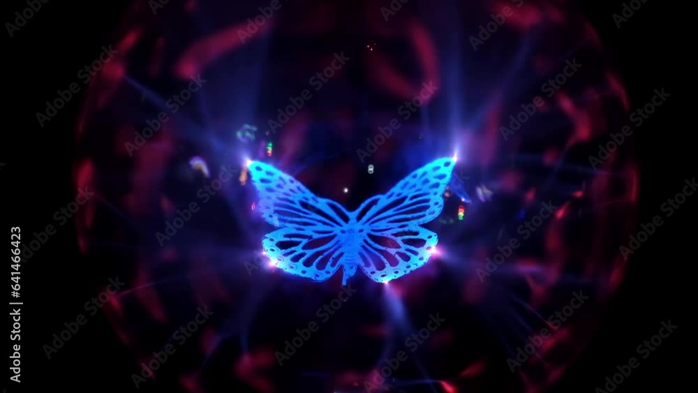 Tesla coil. Plasma globe with blue butterfly and purple light beams ...