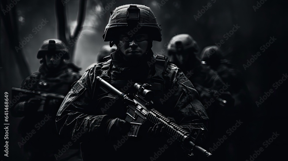 A group of soldiers in full combat gear stand along with their weapons ...