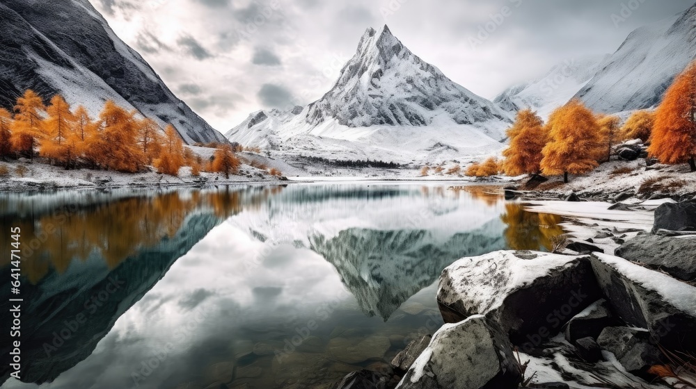 polar lake reflecting the captivating colors of fall, with the icy ...