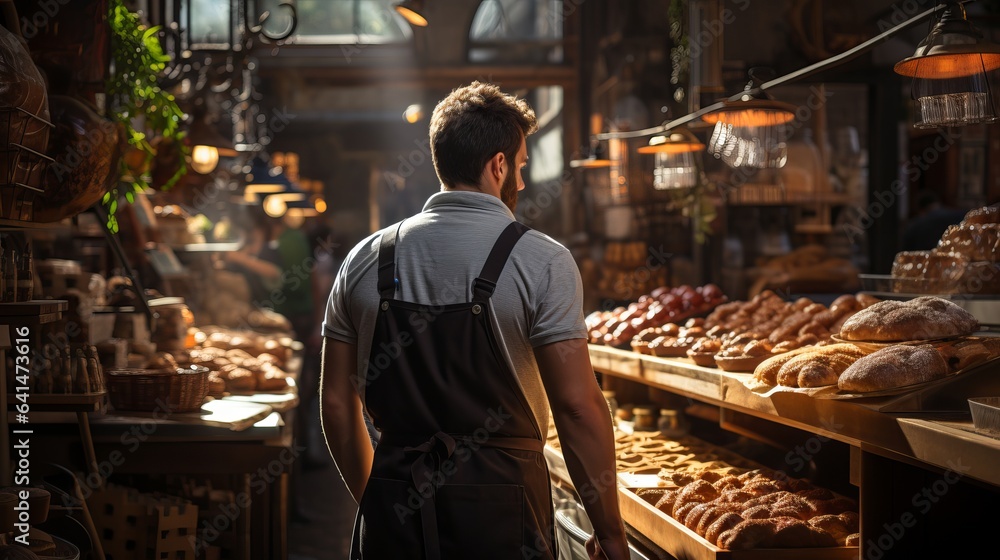 A male baker in uniform in a bakery stands with his back among the ...