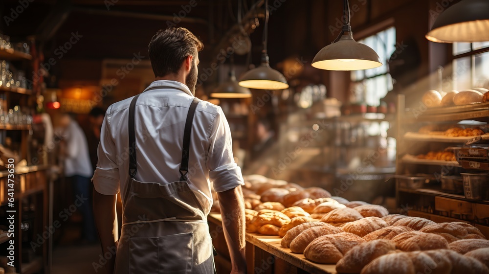 A male baker in uniform in a bakery stands with his back among the ...