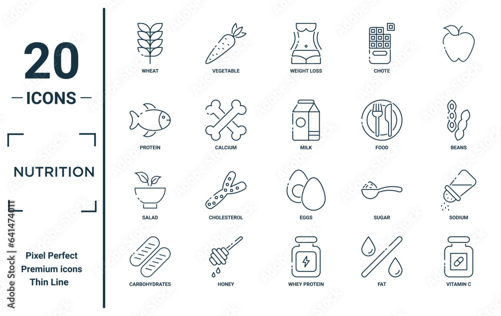 nutrition linear icon set. includes thin line wheat, protein, salad ...