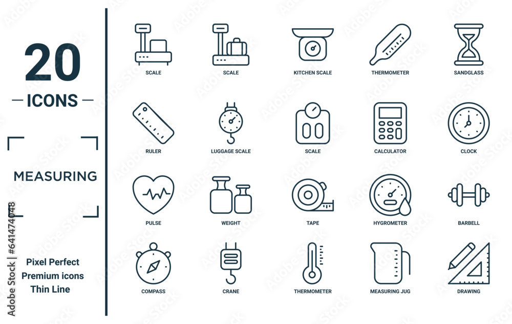 measuring linear icon set. includes thin line scale, ruler, pulse ...