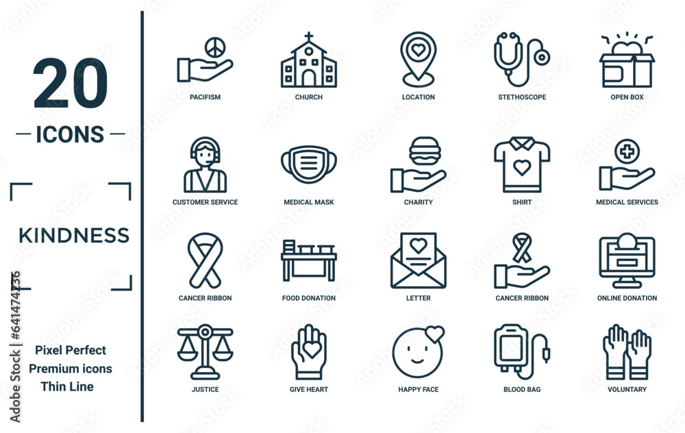 kindness linear icon set. includes thin line pacifism, customer service ...