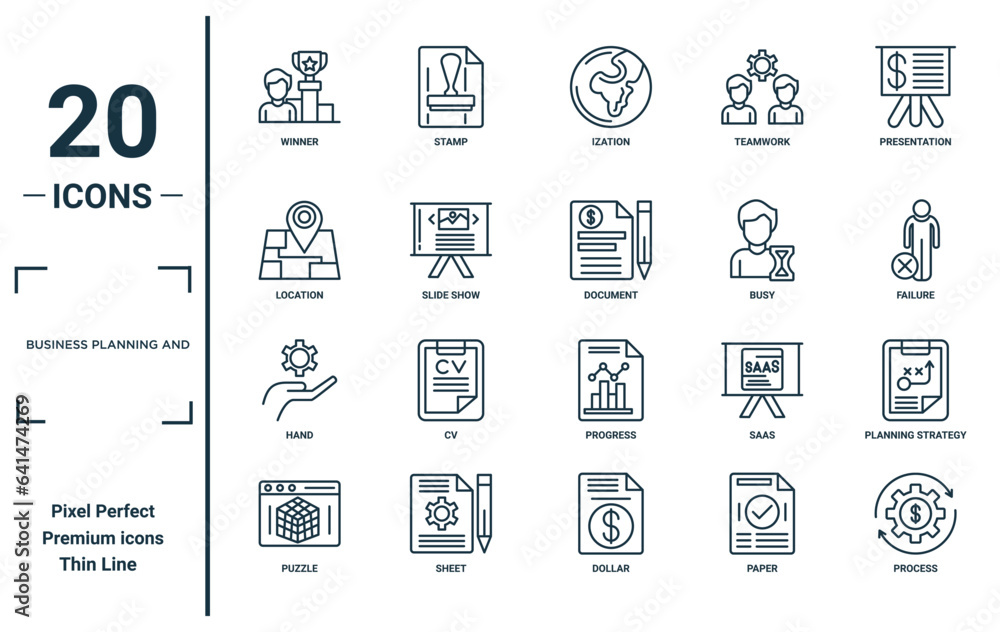 business planning and linear icon set. includes thin line winner ...