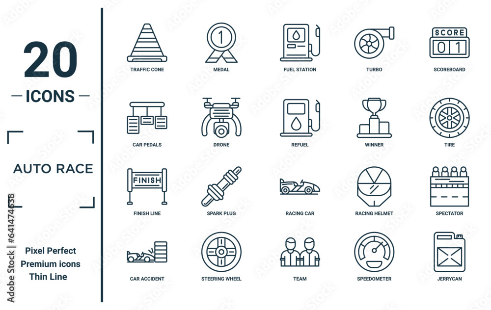 auto race linear icon set. includes thin line traffic cone, car pedals ...